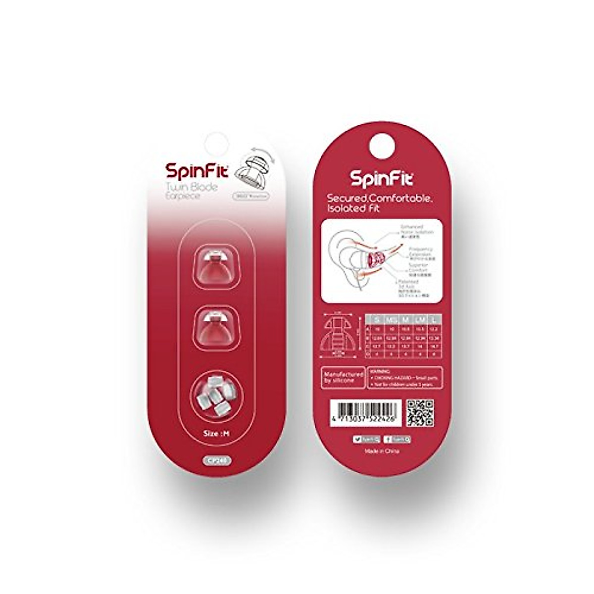 SpinFit CP240 Double Flange - M - Patented Silicone Eartips for Replacement (1 Pair, Insert Included)(for Nozzle Diameter from 4.5-5m, w/Insert from 3-3.5mm)