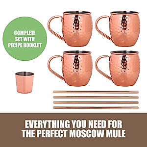 Crownyard Moscow Mule Copper Mugs Set of 4 (16oz) | Solid 100% Copper Cups Set w/ 4 Straws,1 Shot Glass, 1 Spoon, Tarnish-Resistant,Wedding Gift & Anniversity Gift for couples