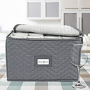 LotFancy Stemware Storage Containers, 2-Pack, Deluxe Quilted Storage Case with Dividers for 24 - Wine Glasses, Champagne Flutes, Glassware, Drinkware Storage Box Chest, 15.5”x12.5”x 10”, Gray