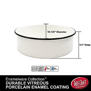 TableCraft Products Enamelware Collection Black Rim Solid White Enamel Deep Bowl Baking Pan, Camping, Farmhouse, Porcelain Over Steel, Vintage, Boho, Retro, 10.13" Round, 3.6" Deep, Set of 4 (80017)