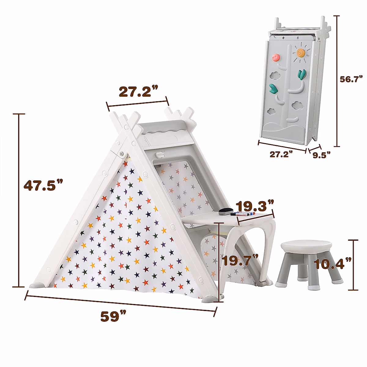 Merax Foldable Triangle Climber, 4-in-1 Kids Hideaway Play Tent with Art Easel, Stool for Toddlers, Climbing Triangle Crawling Tunnel Toy Activity Play Set (White)