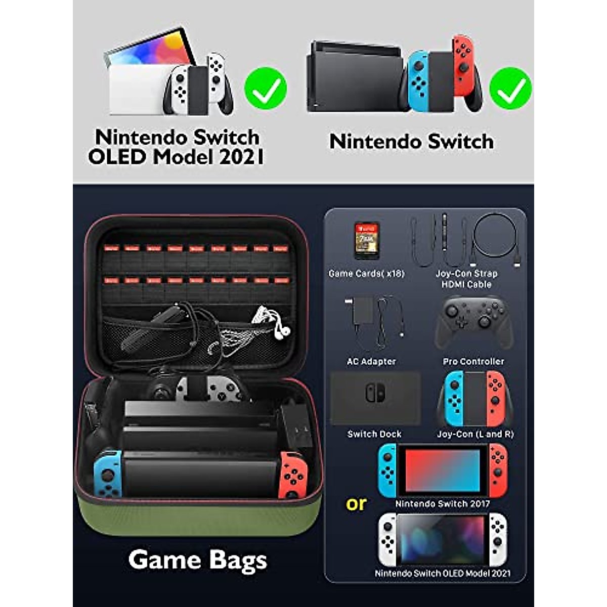 COOWPS Carrying Storage Case for Nintendo Switch/Switch OLED Model, Portable Full Protection Hard Shell Soft Lining Travel Bag for Switch Console Pro Controller Accessories Green