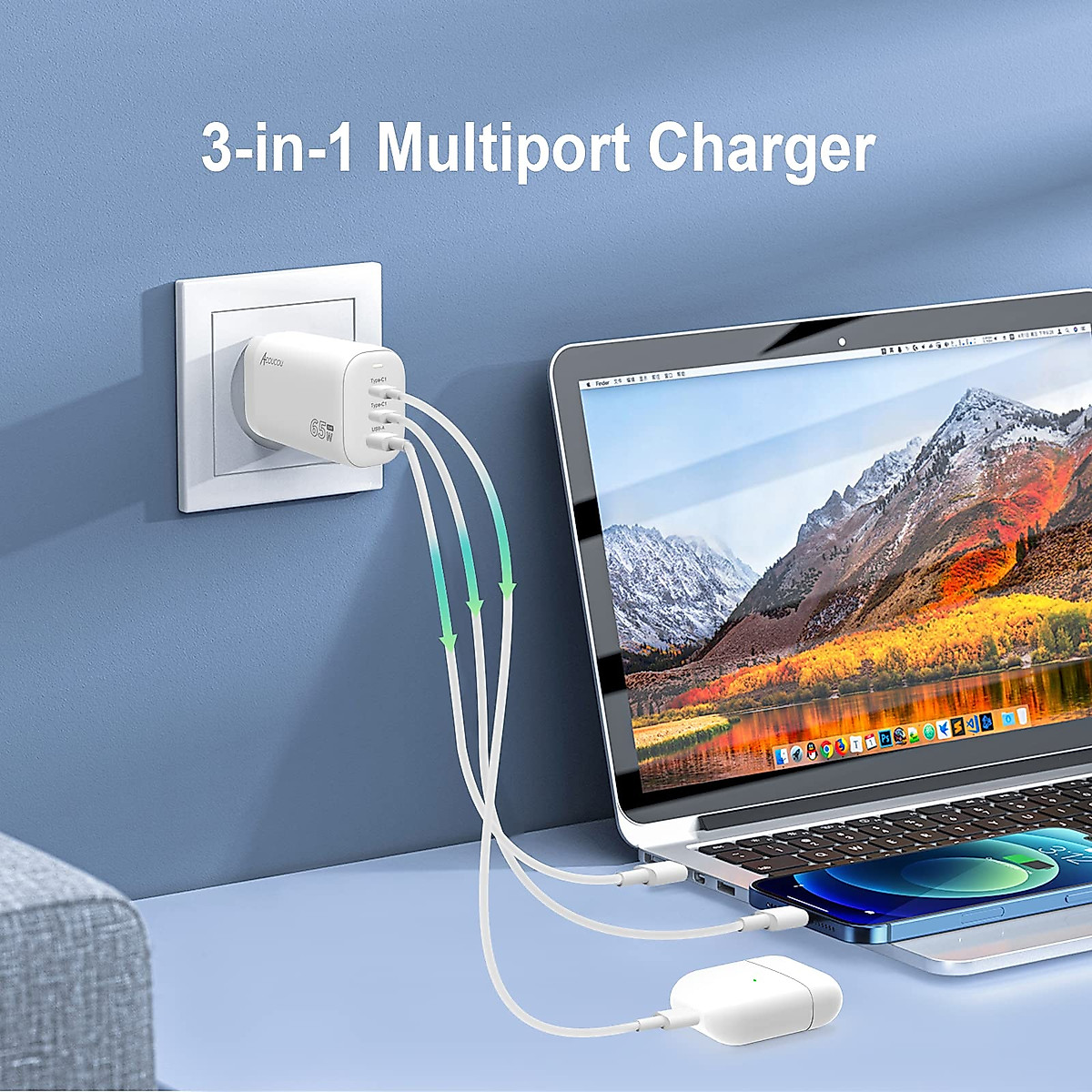 65W USB C Charger 3-Port GaN Fast Charger USB-C Block Acoucou Compact Foldable USB Wall Charger with 5ft Type-C Cable for Laptop, Dell XPS, Phone 15/14/13, tablet, Galaxy S23, Pixel 7, Steam Deck