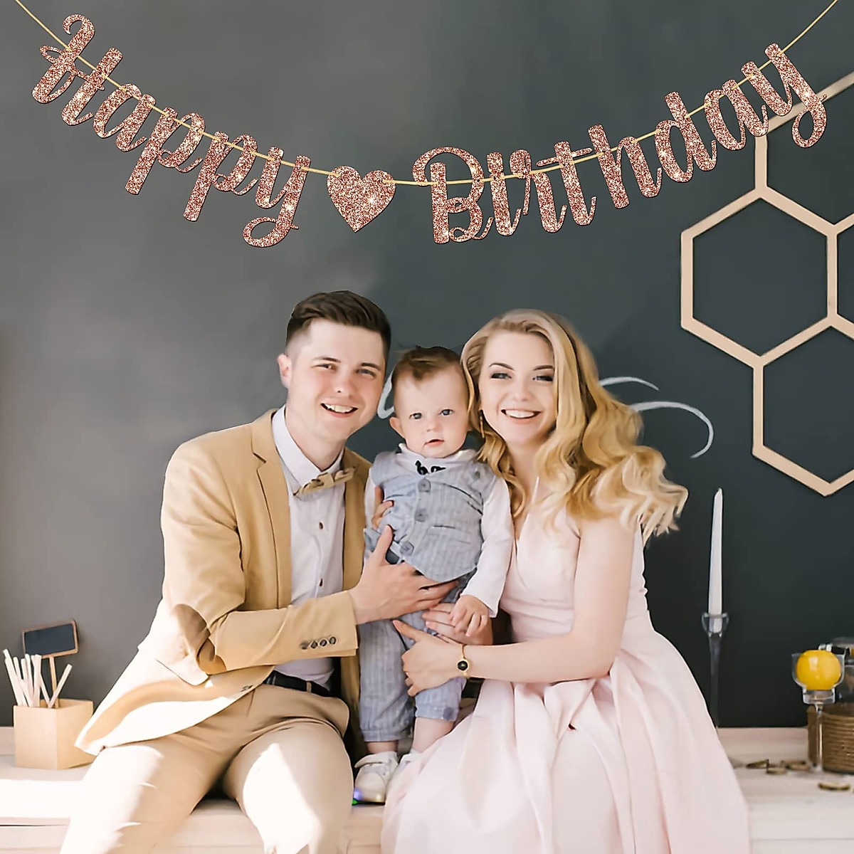 MonMon & Craft Happy Birthday Banner / Children Adults Boys Girls Birthday Party Decor / Birthday Party Decorations Rose Gold Glitter