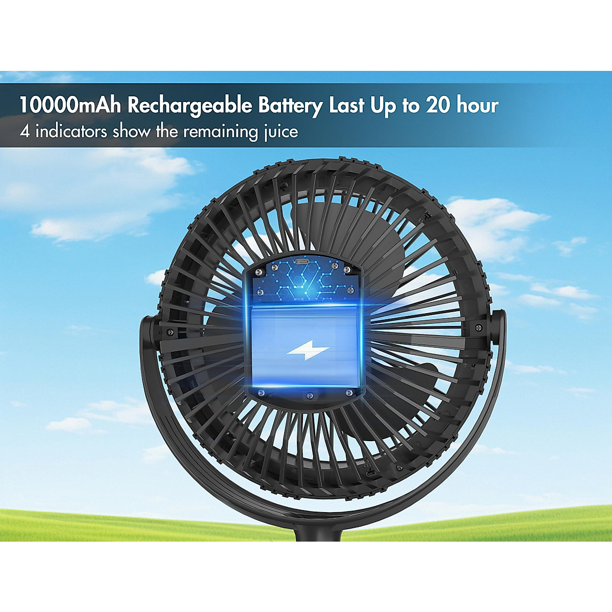 GRANDFAST 10000mAh Rechargeable Clip On Fan - 8" Battery Operated Fan with Timer, Strong Airflow Portable Battery Powered Fan with Light & Hook for Camping Outdoor Office Home Hurricane Power Outage