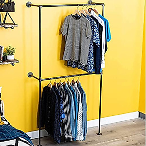 MYOYAY Industrial Pipe Clothes Rack Metal Clothing Garment Rack Wall Mounted Black Iron Garment Bar Multi-Purpose Hanging Rod Clothes Shelves for Closet Storage 47.24 x11.81 x 90.55 inches
