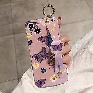 Lastma for iPhone 13 Mini Case Cute with Wrist Strap Kickstand Glitter Bling Cartoon IMD Soft TPU Shockproof Protective Cases Cover for Girls and Women (Butterfly)