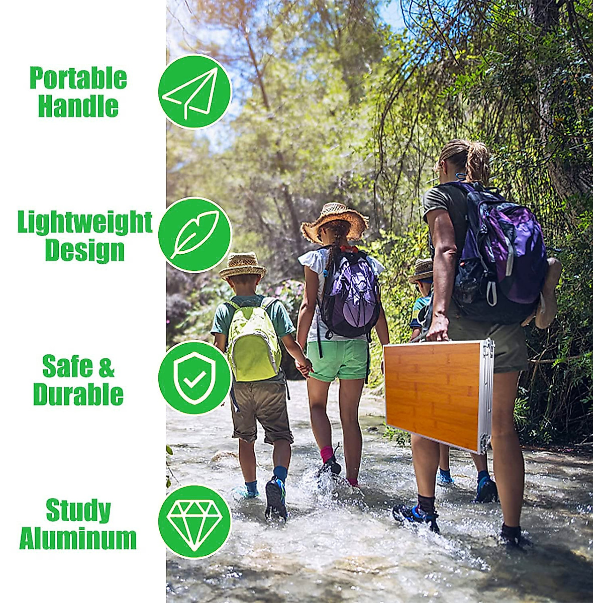 LJMBOEN Folding Camping Table,Portable Picnic Table Foldable Lightweight Outdoor Aluminum Legs,3 Fold Beach Table Carrying Handle for Beach Party Picnic Beach Home Office Cooking