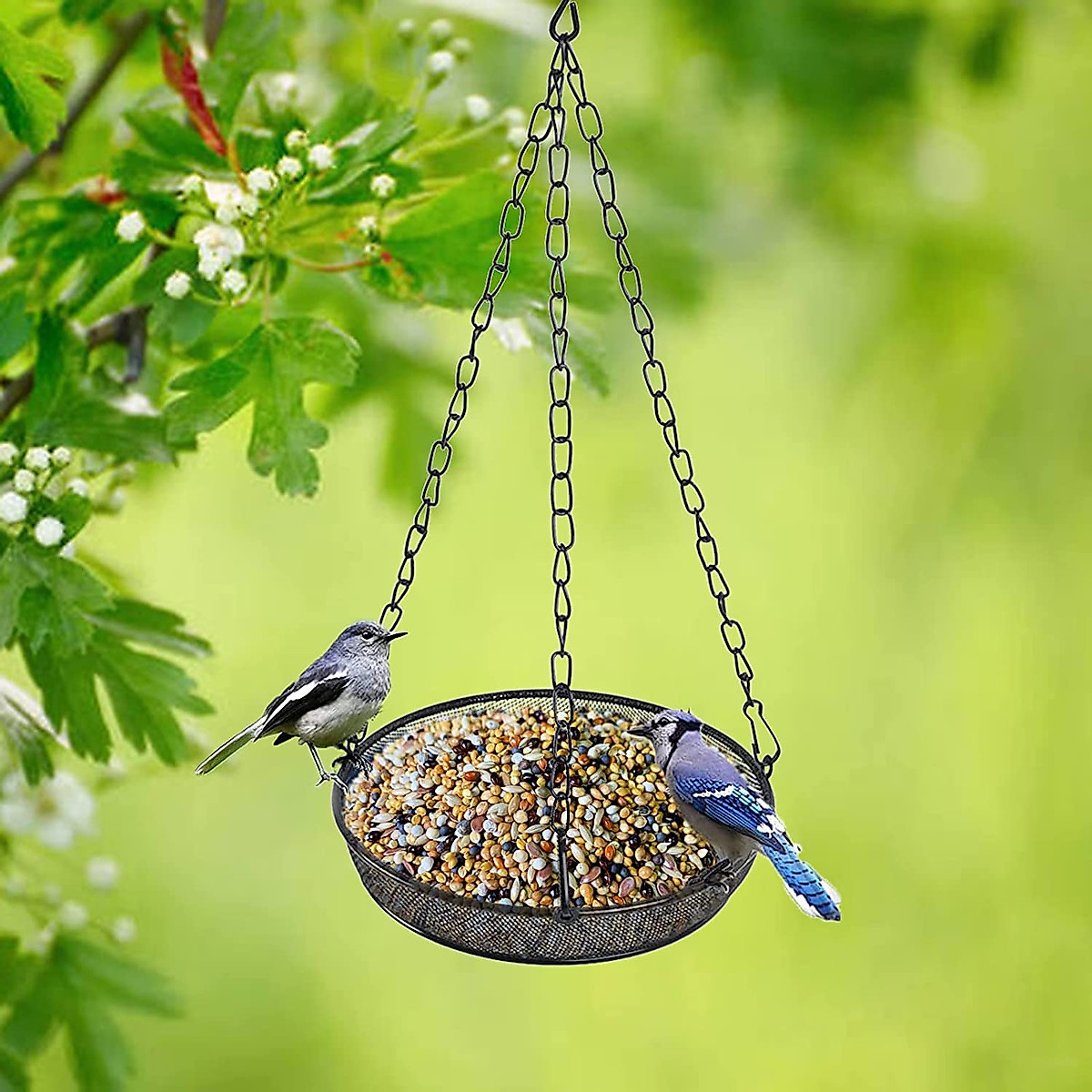 FLINTER Hanging Bird Feeder, Bird Feeder Hanging for Garden Yard Outside Hanging Bird Feeder Tray - Metal Mesh Platform Feeders for Birds Outside Outdoors Hanging for Attracting Birds - Genuine