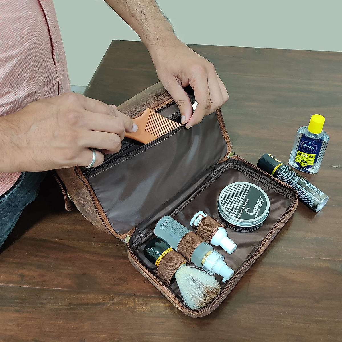 RUSTIC TOWN Genuine Leather Travel Toiletry Bag - Dopp Kit Organizer (Brown)