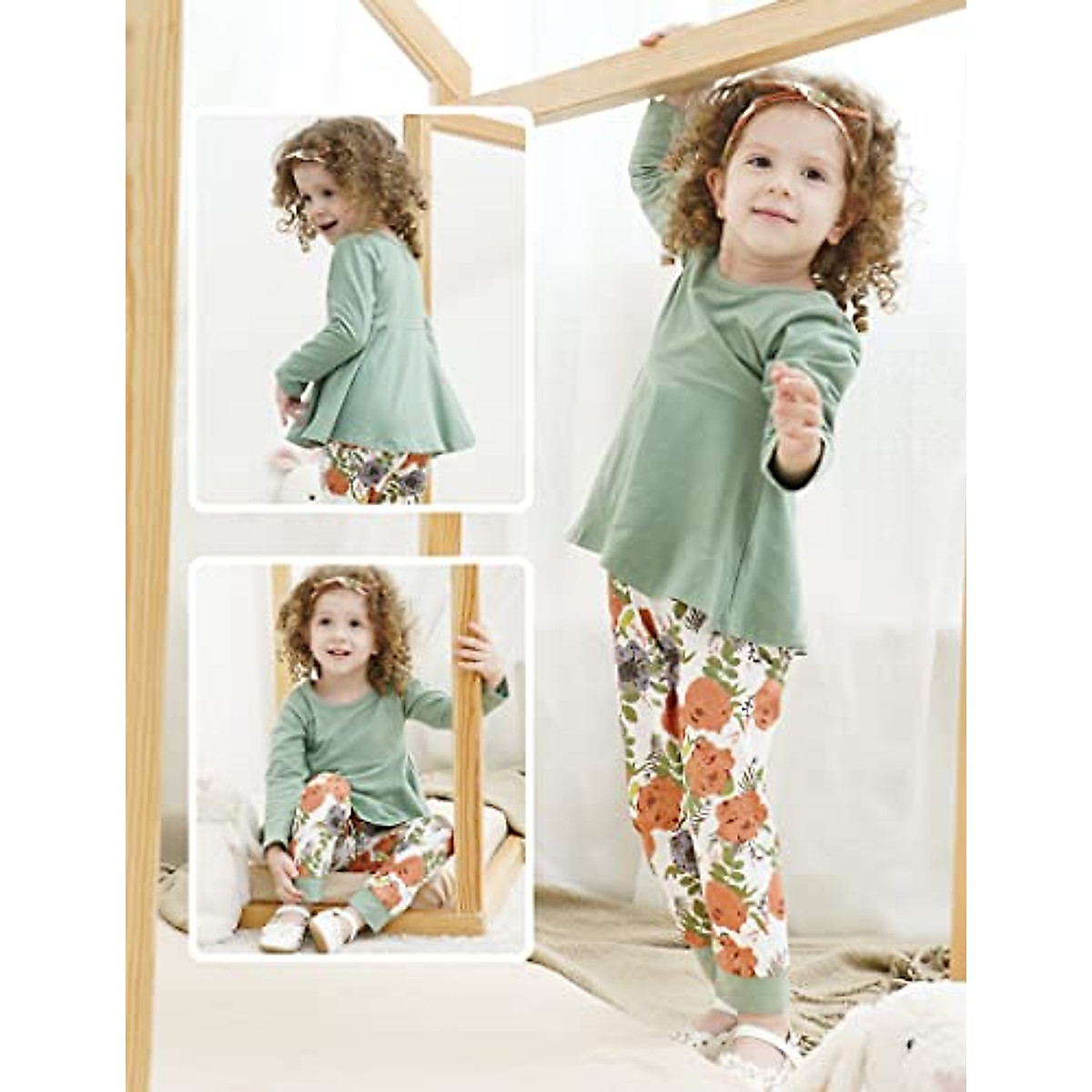 bilison Toddler Baby Girl Clothes Solid Color Ruffle Tops Floral Pants with Headband Outfit Set