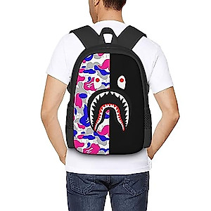 AIRPO Fashion Shark Backpacks Bright Navy Pink Camouflage Large Capacity Laptop Daypack Lightweight Backpack Travel Hiking Bag For Women Men