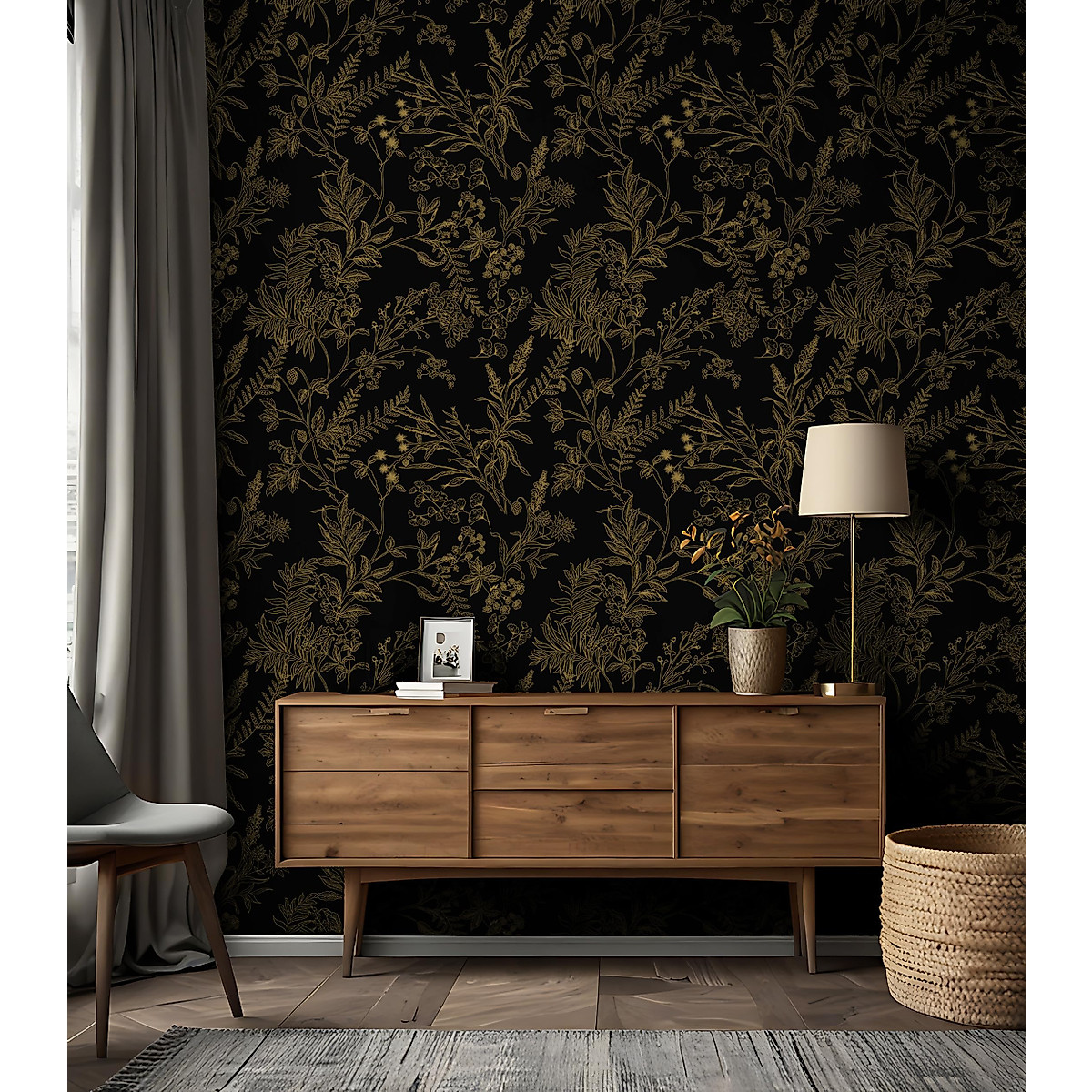 EeeComing Peel and Stick Wallpaper Black and Gold Floral Wallpaper Gold Floral Contact Paper Removable Self Adhesive Wallpaper for Wall Cabinets Vinyl Roll 78.7"x17.3"