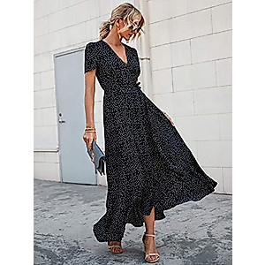 PRETTYGARDEN Women's Summer Wrap Maxi Dress Casual Boho Floral V Neck Short Sleeve Ruffle Hem Split Beach Long Dresses (Black Polka Dot,X-Large)