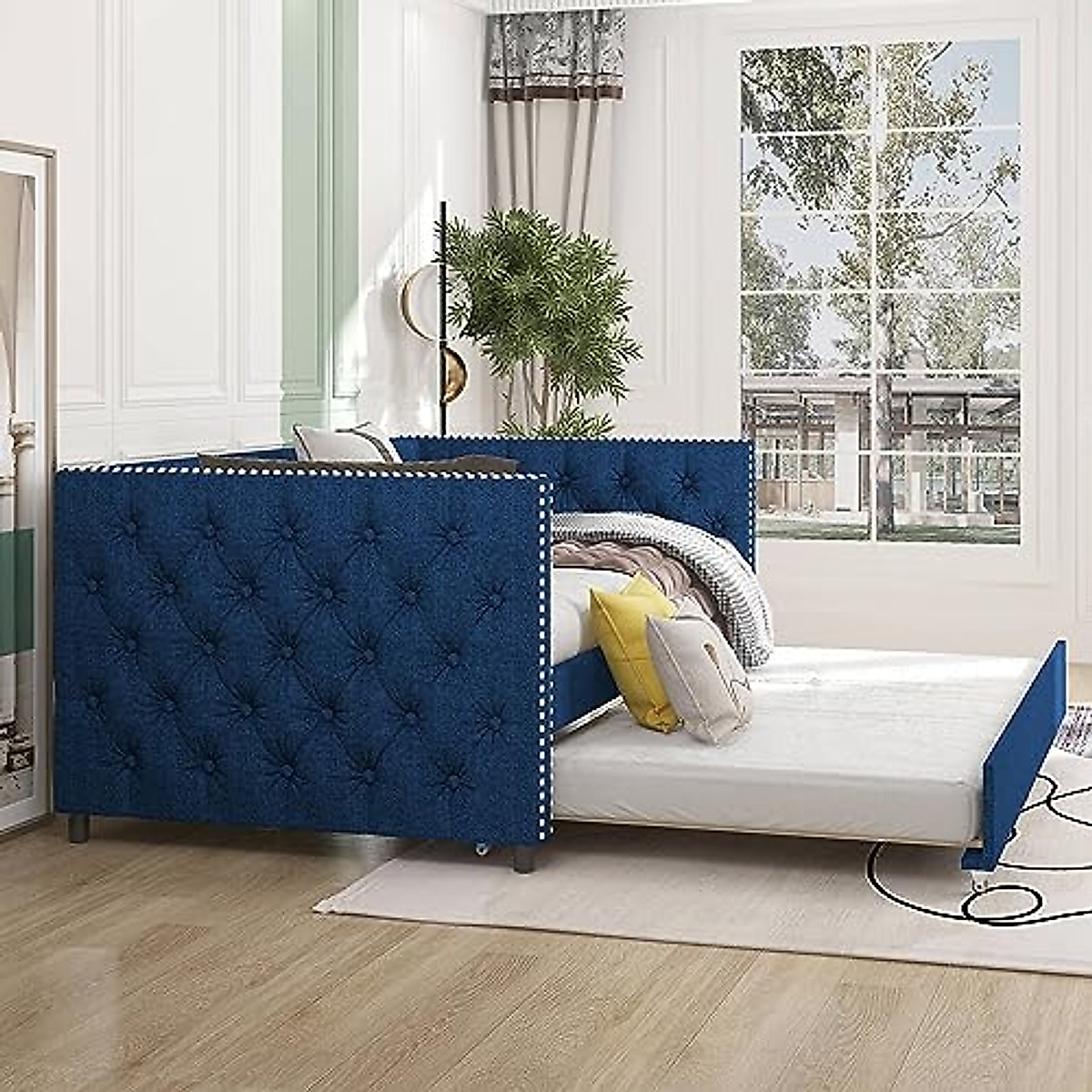 CECER Space Saving Pull Out Sleeper Sofa Bed, Button Tufted Couch Bed with Riveted Design, Daybed with Trundle, Daybed for Apartment Living Room Bedroom Office, Navy Blue