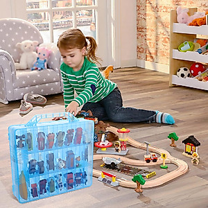 BTSKY Double Sided Toy Storage Organizer with 48 Compartments, Toy Organizer Carrying Case for Hot Wheels Car, Matchbox Cars, Mini Toys, Small Dolls, and more Mini Cars Collection(Blue)