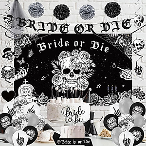 Roetyce Bride or Die Bachelorette Party Decorations, 35PCS Black Bride to Be Banner Balloons Sash Veil Hanging Swirls Cake Topper Kit, Till Death Do Us Decorations for Bridal Shower Wedding Party