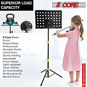 5 Core Sheet Music Stand -Dual Use Professional Portable Music Stand, Metal Desktop Tripod Music Book Stand & Orchestral Sheet Stand, Folding Adjustable Sturdy Heavy Duty for Performance & Band