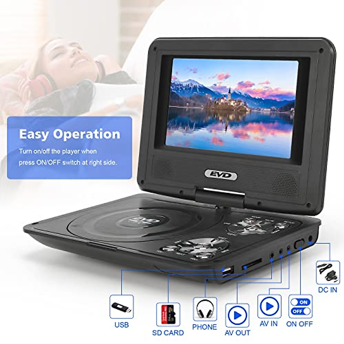 SQQBZZ 7" Portable DVD Player for Kids and Car, Support DVD/VCD/SD Card/USB, Remote Control, Car Charger, Power Adaptor (Black)