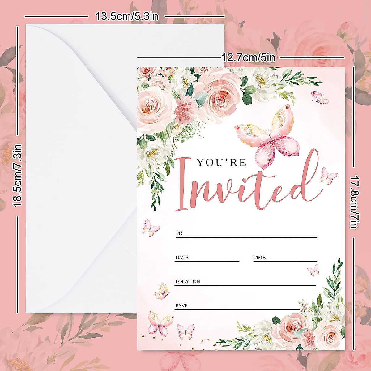 AnyDesign 20 Sets Butterfly Pink Floral Invitation with Envelopes Stickers 5 x 7 Inch Watercolor Flower Invitation Cards Blank Invites for Wedding Bridal Baby Shower Birthday Dinner Party