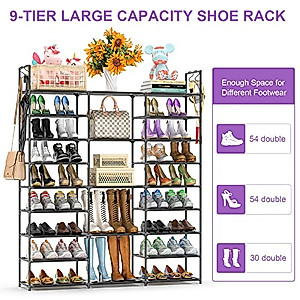 Finew 9 Tiers Shoe Rack Shoe Organizer, Shoe Rack for Entryway, Large Shoe Storage for 50-55 Pairs Shoes and Boots, Non-Woven Fabric Shoe Shelf with Versatile Hooks and Wooden Hammer for Bedroom