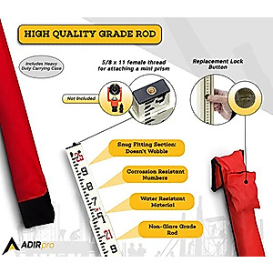 AdirPro 25-Foot Fiberglass Grade Rod – 10ths, 6-Section Telescoping Rectangular Leveling Rod – Non Glare and Corrosion Resistant – Heavy Duty Carrying Case Included