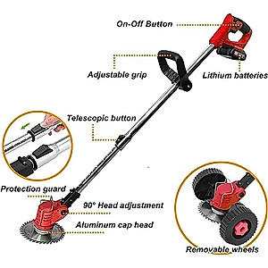 Cordless Weed Wacker Battery Powered Weed Eater Electric 3-in-1 Grass Trimmer Lawn Edger Tool Brush Cutter, Push Lawn Mower, Wheeled No-String Trimmer for Garden Yard