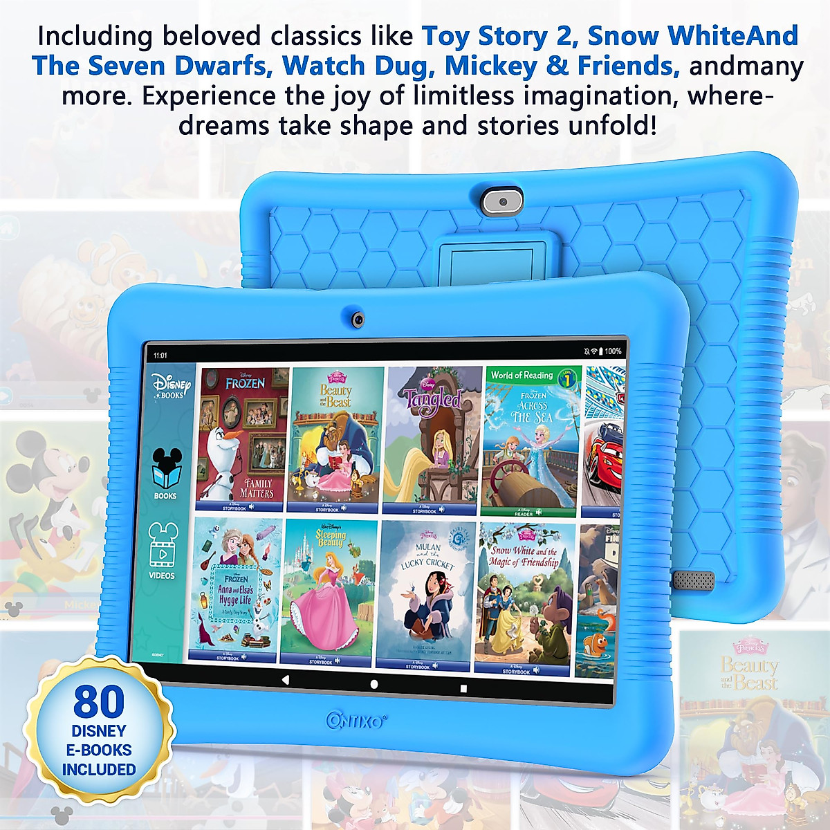 Kids Tablet, Contixo K102 10 Inch Kids Learning Tablet Bundle with $300 Disney E-Books, Kids Wireless Headphone and 10-inch Tablet Bag, with Kickstand and Stylus, Blue-Set