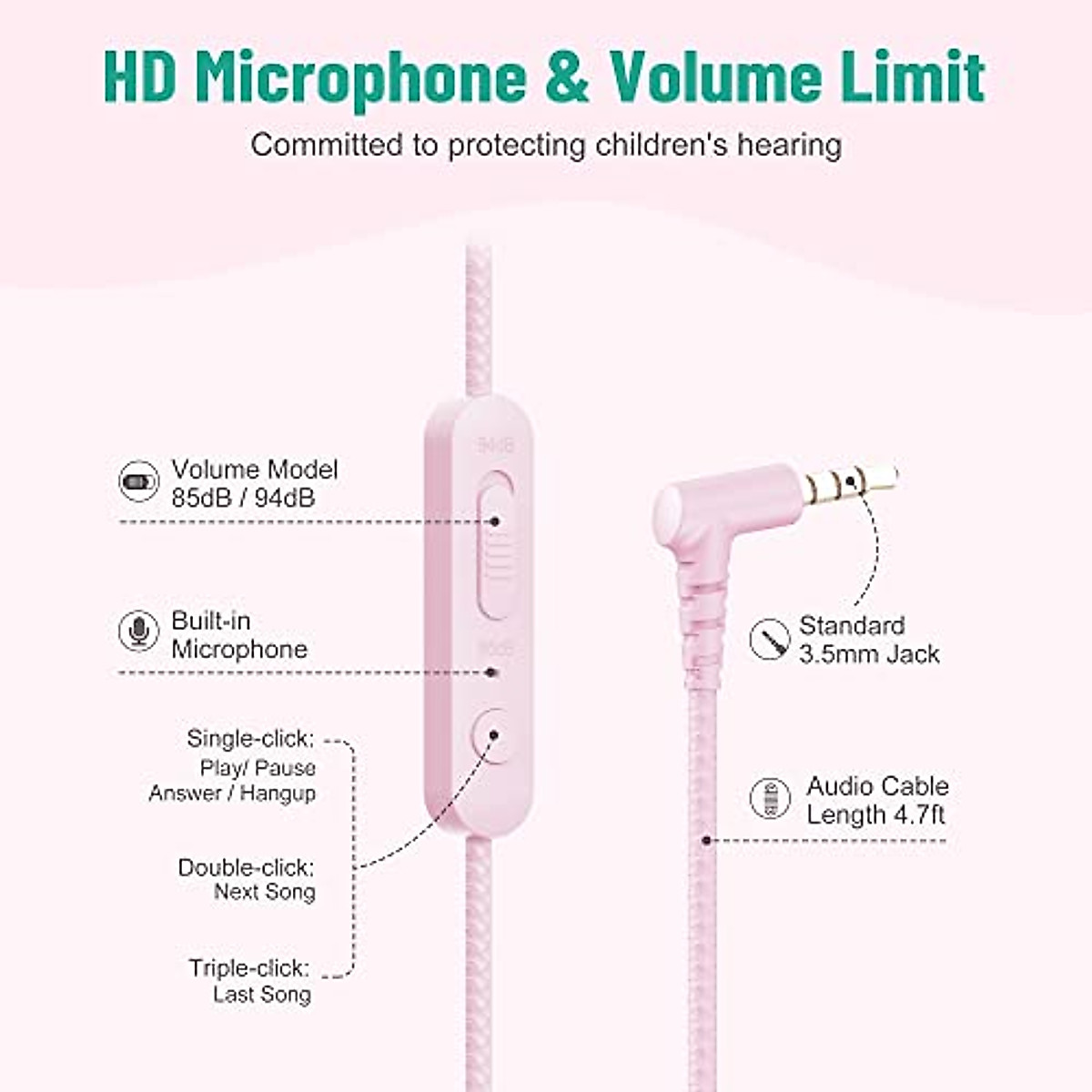 rockpapa Share 1 Kids Headphones Wired with Microphone & Share Port, 85dB/94dB Volume Limited, Cute Foldable Student Child Boys Girls Headphones for School/Classroom/Travel Pink/Green