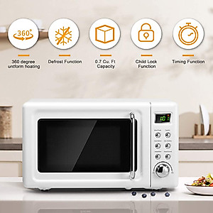 Retro Microwave Oven,Safeplus 0.7Cu.ft, Countertop 700W Microwaves with Cold Rolled Steel Plate 5 Micro Power Defrost & Auto Cooking Function LED Display Glass Turntable and Viewing Window Child Lock