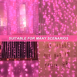 amadecohome Curtain Lights, Pink Room Decor 8 Modes LED String Lights for Garden, Teen Girls' Room, Party, Window, Wall and Valentines Day Decor