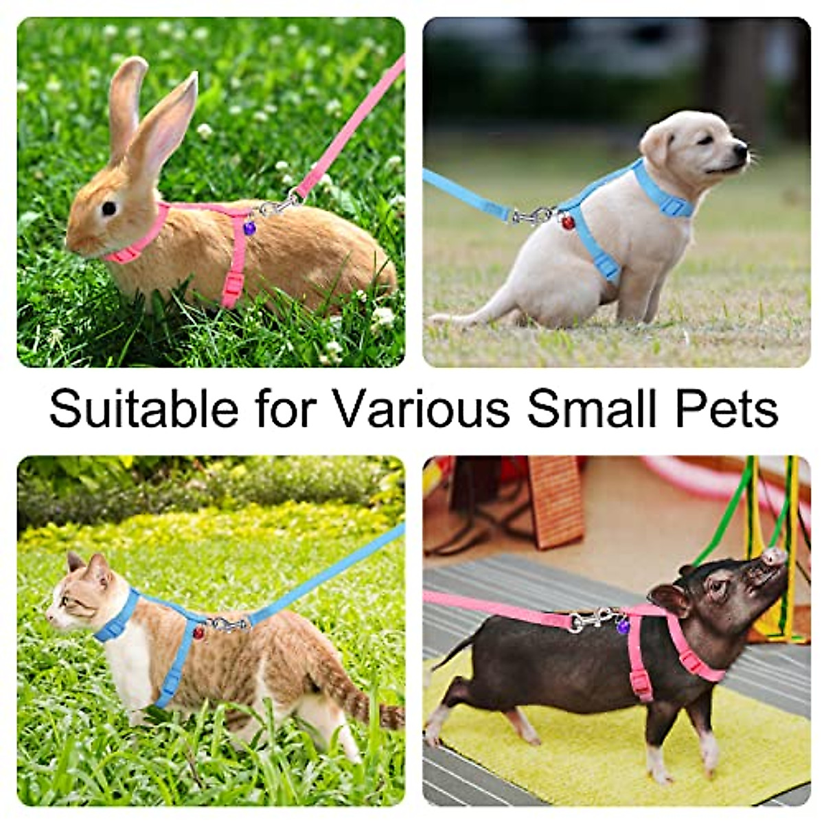2 Pack Rabbit Harness Leash - Persuper Bunny Cat Leash Adjustable Soft Nylon Small Animal Harness Set for Walking Running Outdoor Use with Safe Bell for Puppy Dog, Pig, Kitten, Ferret, Mini Pet