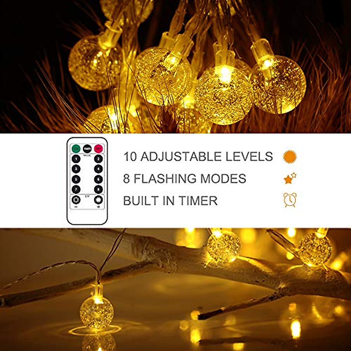 Metaku Globe Fairy Lights Battery Operated 33ft 80LED String Lights with Remote Waterproof Indoor Outdoor Hanging Decorative Christmas Lights for Home Party Patio Garden Wedding