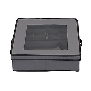 Household Essentials Tabletop Storage Box, Windowed Lid and Front Handle, 8 Compartment Lift-out Tray, 4 Fabric Pouches, Perfect for Special Occasion Tabletop Linens, Gray