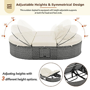 BAMOOLI Patio Daybed, Outdoor Sun Bed with Adjustable Backrests and Foldable Cup Trays, Reclining Outdoor Lounger Wicker Rattan Patio Daybed with Cushions and Pillows, Round Daybed for Garden, Beige