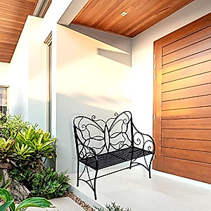 HLC Outdoor Bench Patio Outdoor Garden Bench Butterfly Cast Iron Metal with Armrests for Garden, Park,Yard, Patio, Porch, Lawn Double Seats Black