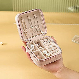 CASEGRACE Travel Jewelry Case, Plush Velvet Jewelry Box Small Jewelry Travel Organizer Display Rings Necklace Bracelet Earrings Storage Case for Women Girls, Pink