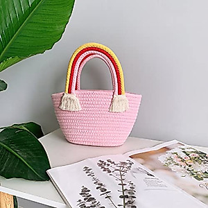 LOHGOU Women Girls Handwoven Cotton Handbag Rainbow Tassel Tote Bag Summer Beach Purse (Pink)