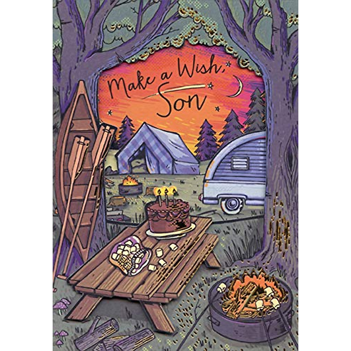 Designer Greetings Camper, Tent, Table, Fire and Canoe Die Cut Window Tri Fold Birthday Card for Son