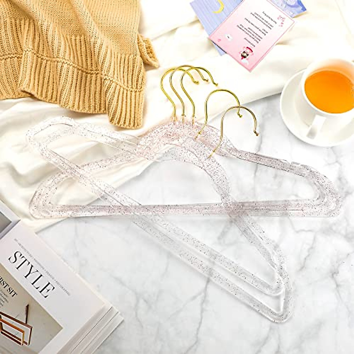 20 Pcs Clear Acrylic Hangers Plastic Glitter Coat Hanger Non Slip Space Saving Suit Hangers Heavy Duty Clothes Hanger with Non Slip Notches (Pink and Gold)