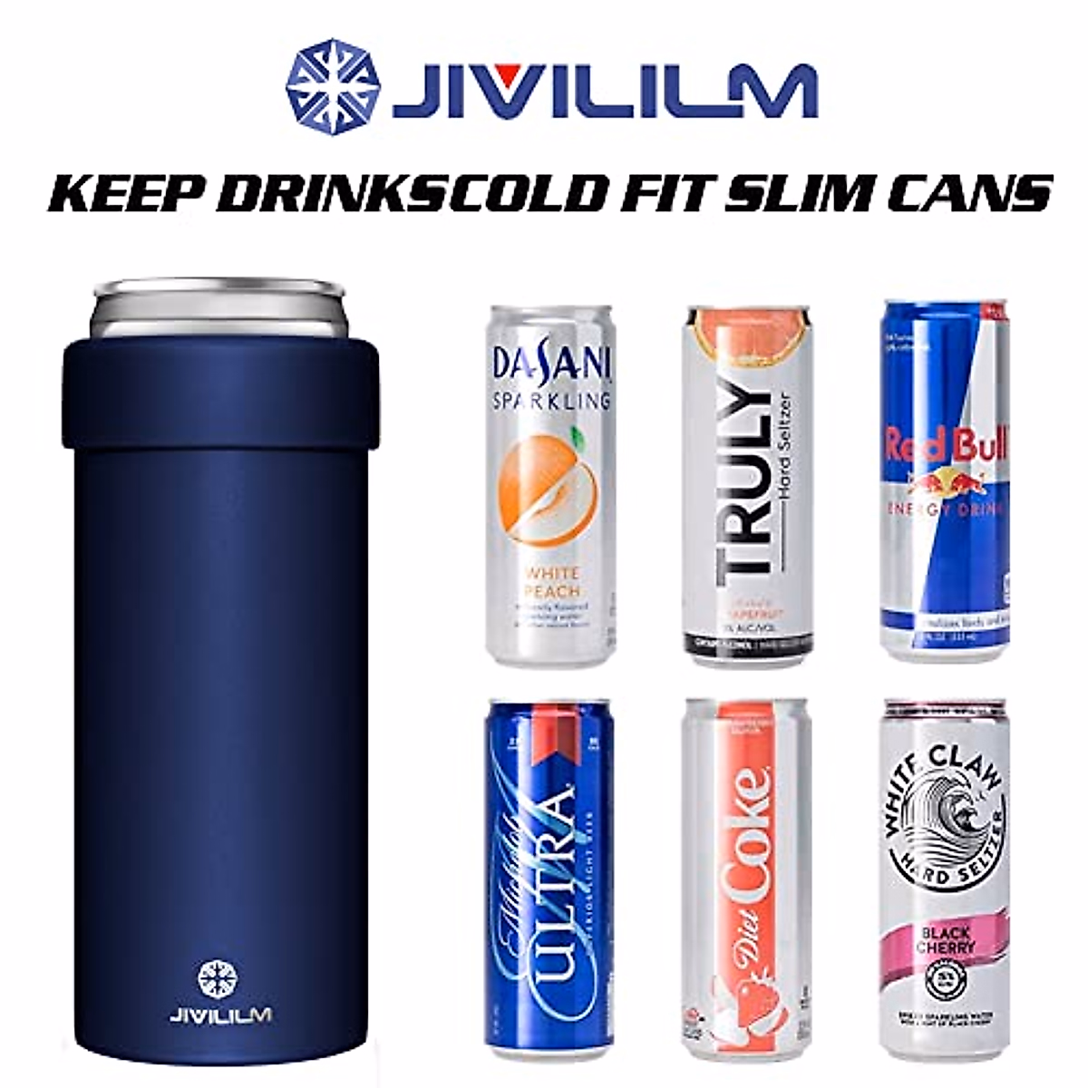 JIVILILM Stainless Steel Insulated Cooler for 12oz Slim Cans | Skinny Can Drinks Holder for Hard Seltzer, Beer, Soda, and Energy Drinks (Navy Blue)