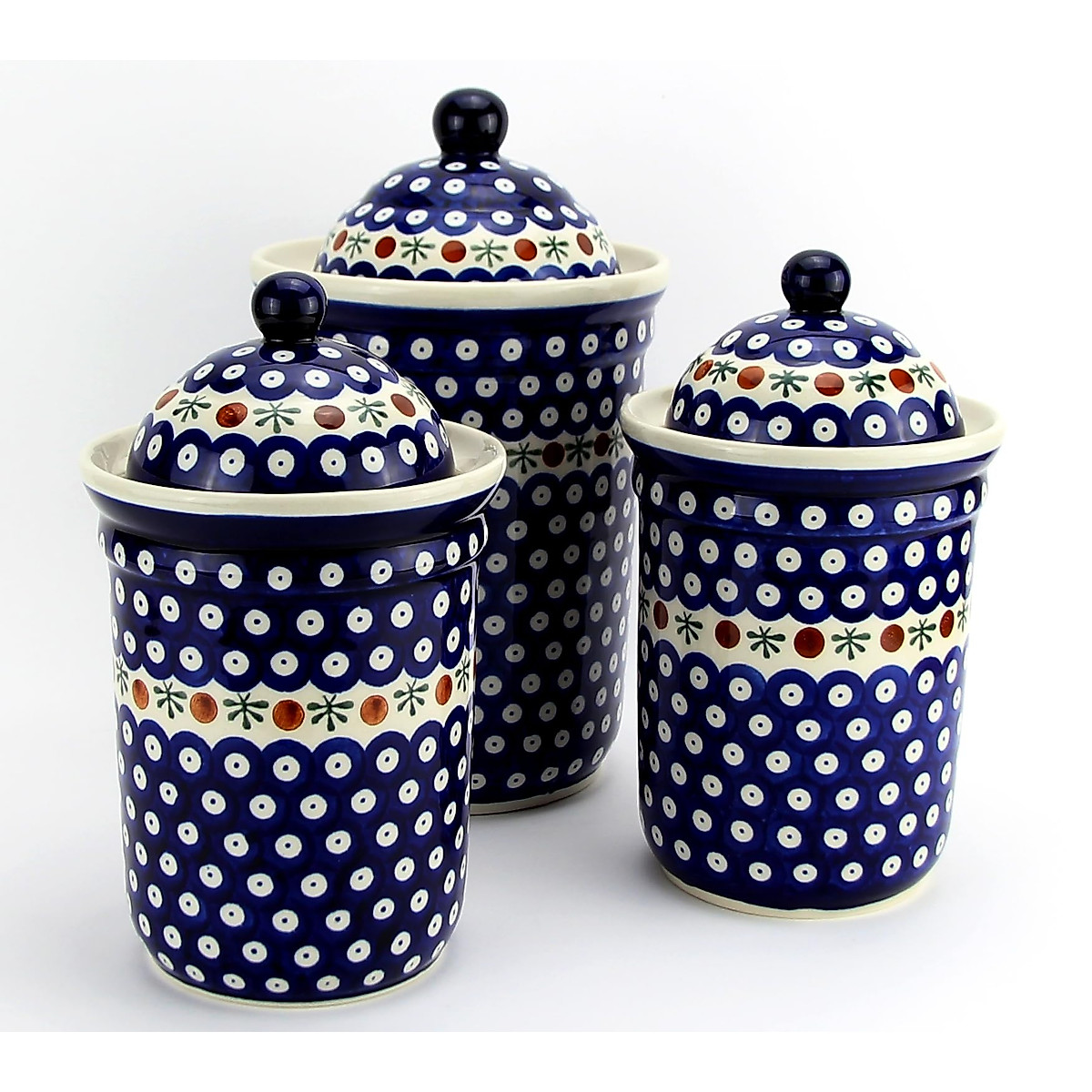 Polish Pottery Market 3-Piece Kitchen Canister Set - Handcrafted by Zaklady Boleslawiec – Polish Stoneware Canisters - Set Includes one large canister (80 oz) and two medium canisters (45 oz each)