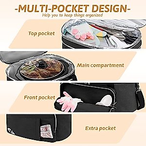 Golkcurx Double Layer Slow Cooker Bag for 6-8 Quart Oval CrockPot and Hamilton Beach Models, with Padded Adjustable Strap, Top Zip Compartment, and Front Pocket for Utensils(Bag Only)