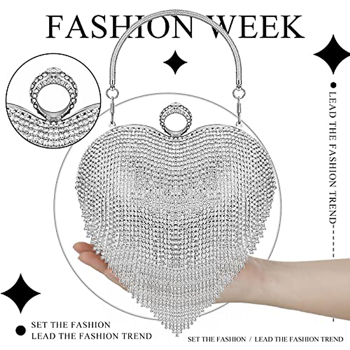 Amylove Heart Shape Tassel Evening Clutch Bag Silver Masquerade Tassel Mask Chain for Women Rhinestone Purse Face Jewelry for Wedding Party Cosplay