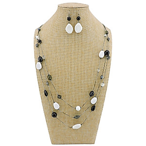 COIRIS 3 Layers Illusion Wire Long Statement Necklace Earrings Set For Women Black White Beaded (N0008-black+white)