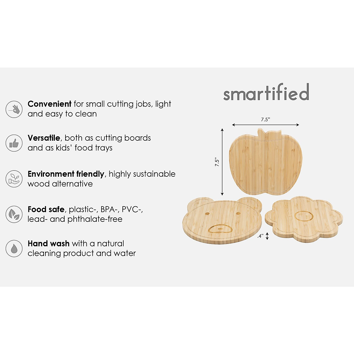 smartified Small Cutting Boards, Sustainable Bamboo Wood, Multipurpose as Kids’ Plates and Kitchen Decor, 3 pcs, Apple-Bear-Flower Designs, 7.5’’x7.5’’x0.4’’