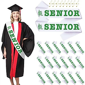 SKJIAYEE 18 Pack Class of 2025 Senior Sashes, White Satin Finally Graduated Sash with Green Printing Letters Cheerleader Senior Sash for Class of 2025 Graduation Party Celebrations Supplies