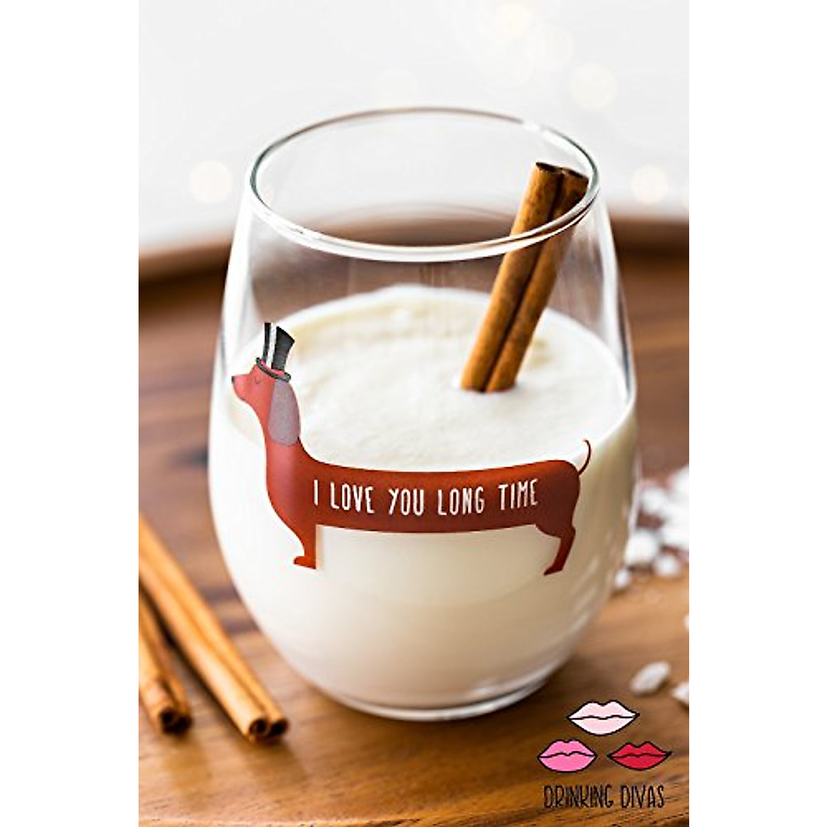 Drinking Divas - I Love You Long Time - 15oz Stemless Dachshund Dog Wine Glass – Birthday Mother's Dayand Christmas Weiner Dog Gifts | Funny Wine Glasses with Sayings for Dog Lovers