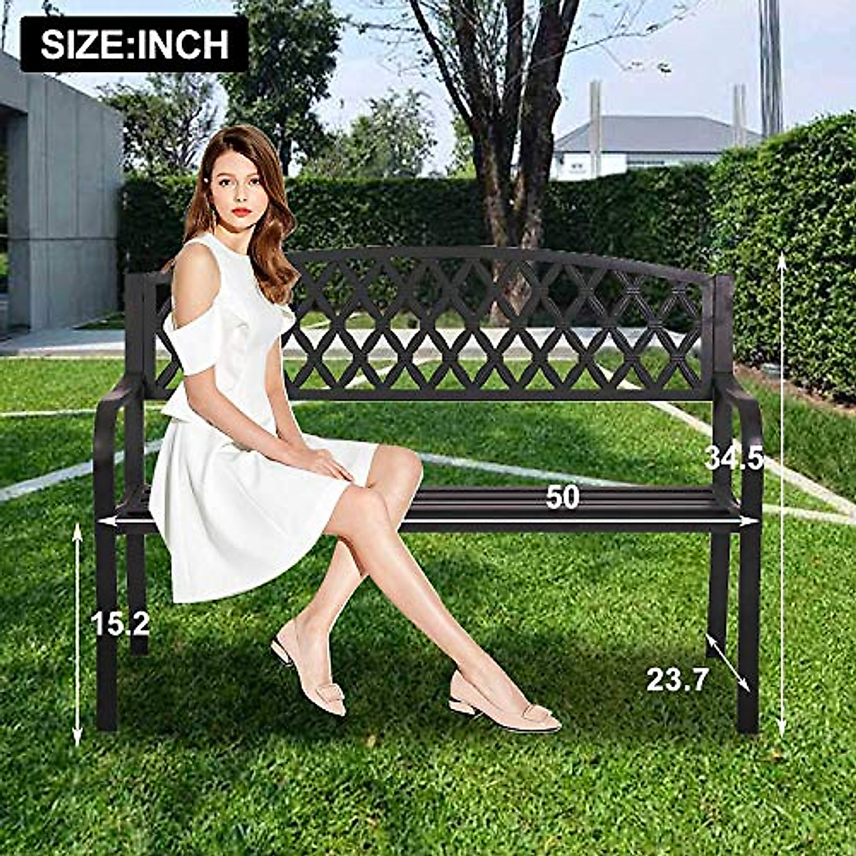 Metal Garden Park Bench,50in Powder Coated Iron Steel Frame Patio Bench wCross Design Backrest & Slatted Seat,Exquisite Grid Embellishment Patio Metal Bench for Front Porch Yard Lawn Deck,Black