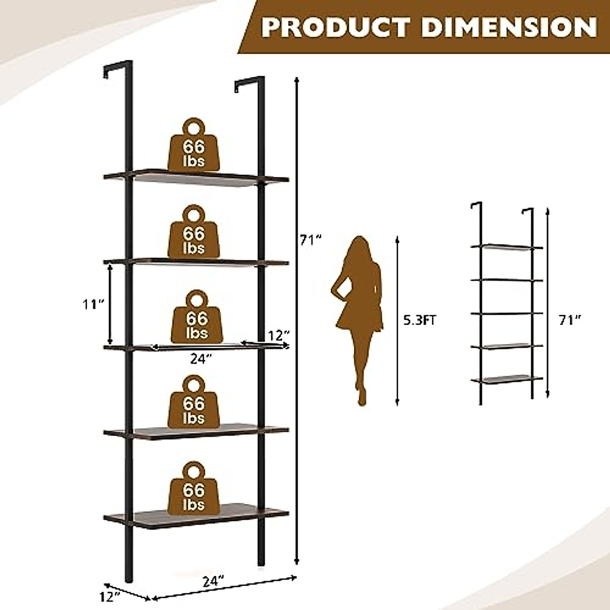 Tangkula 5-Tier Bookshelf, Modern Wall Mounted Ladder Shelf, 5 Tiers Wood Wall Open Bookcase with Metal Frame, Home Office Display Rack Storage Shelves for Collection, Plant Flower Stand (2, Brown)